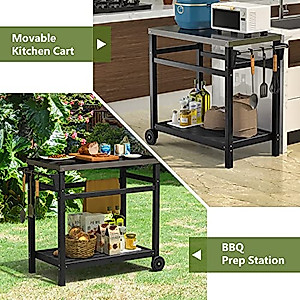 Outdoor Prep Dining Table,Movable Pizza Oven Stand, Stainless Steel Patio Bar Cart,Patio Grilling Backyard BBQ Grill Cart,Dark Gray Tabletop（Black）