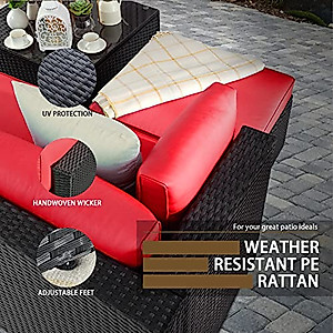 Pretzi 5 Pieces Patio Furniture Sets, Outdoor Sectional Sofa, All Weather Rattan Wicker Couch with Washable Cushions and Glass Table, Patio Conversation Set for Porch Backyard Garden Pool Deck Balcony