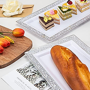 BBG 12Pcs Plastic Silver Serving Trays and Platters Set, 13.77 * 8.46” White with Silver Lace Design, Rectangular Plastic Food Platters, Disposable Serving Tray for Party Weddings Reception Buffet