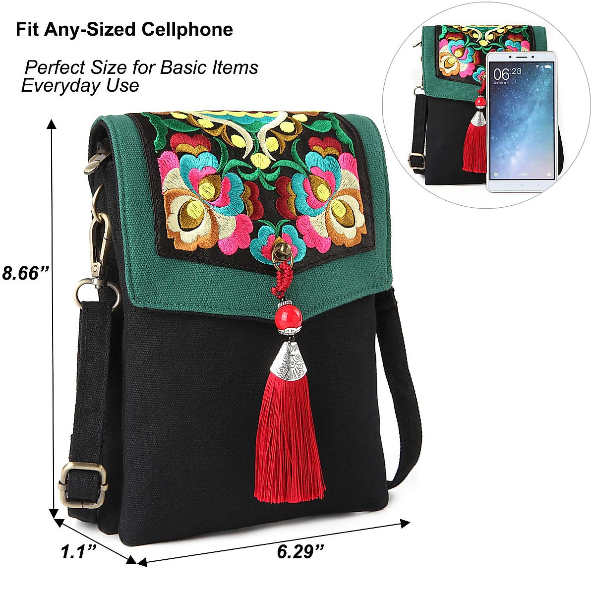 Embroidered Tassels Canvas Crossbody Bag, Cute Shoulder Bag Cellphone Pouch Purse (A02: Vertical-Tassel-Green)