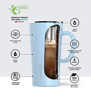 Hydrapeak JAVA 18oz Double Vacuum Insulated Coffee Mug. Stainless Steel Travel Mug, Tumbler Coffee Cup with Lid and Integrated Handle (Cloud)