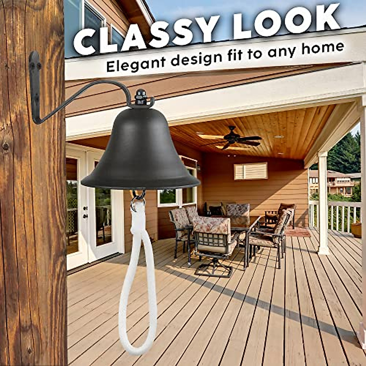 Upstreet Outdoor Bell & Indoor Dinner Bell/Made of Black Large Bell, Cast Iron Bell, Ideal for Wall Mounted Bell, Bracket Mounts Metal Dinner Bell and Hanging Bell for Home, School or Church