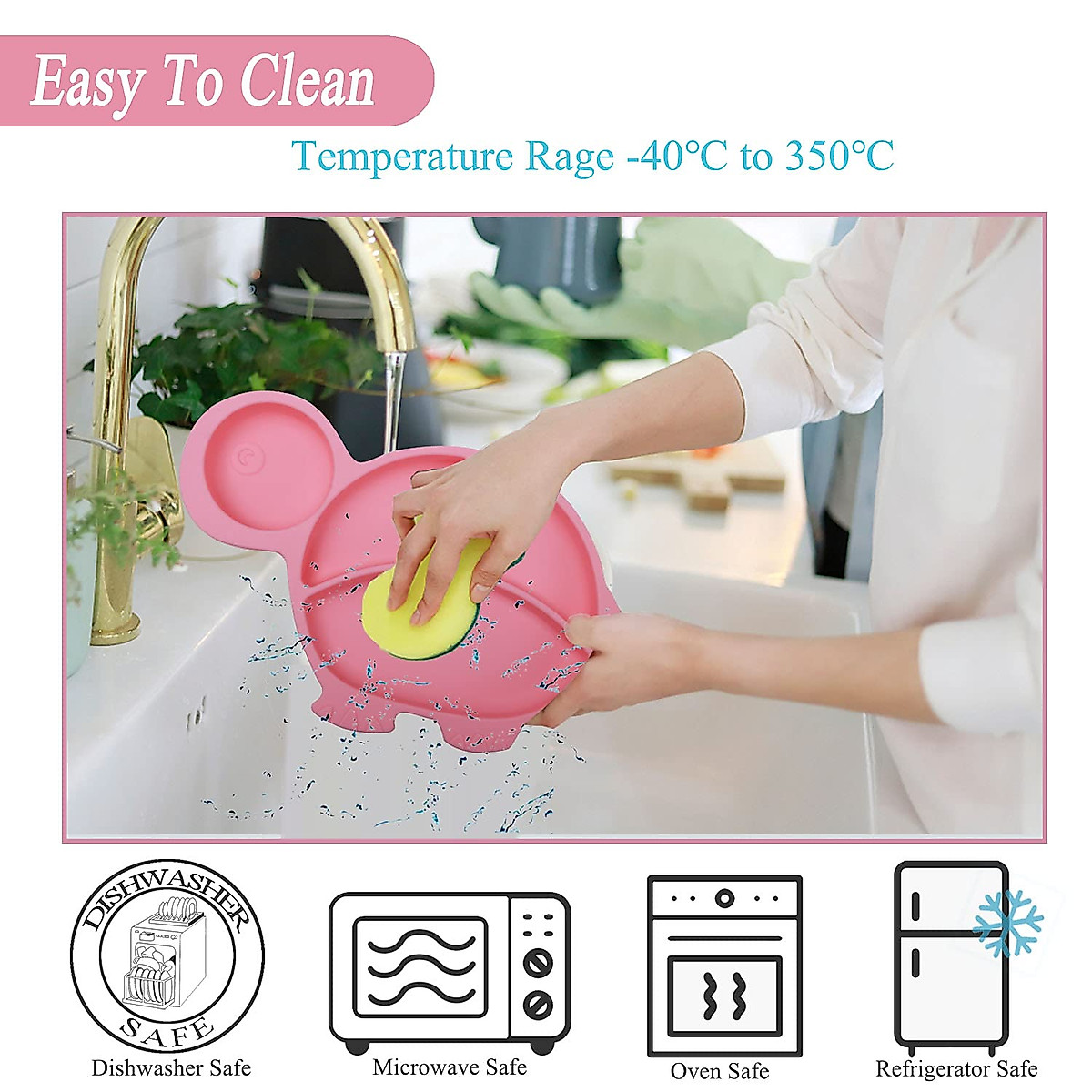 NICINGU Silicone Suction Plate spoon fork sets for Toddlers,Divided Plate Dish Placemat Bowl for Baby Kids Infant Self Feeding Training，Fits Most Highchairs, BPA Free Microwave Dishwasher Safe-Pink