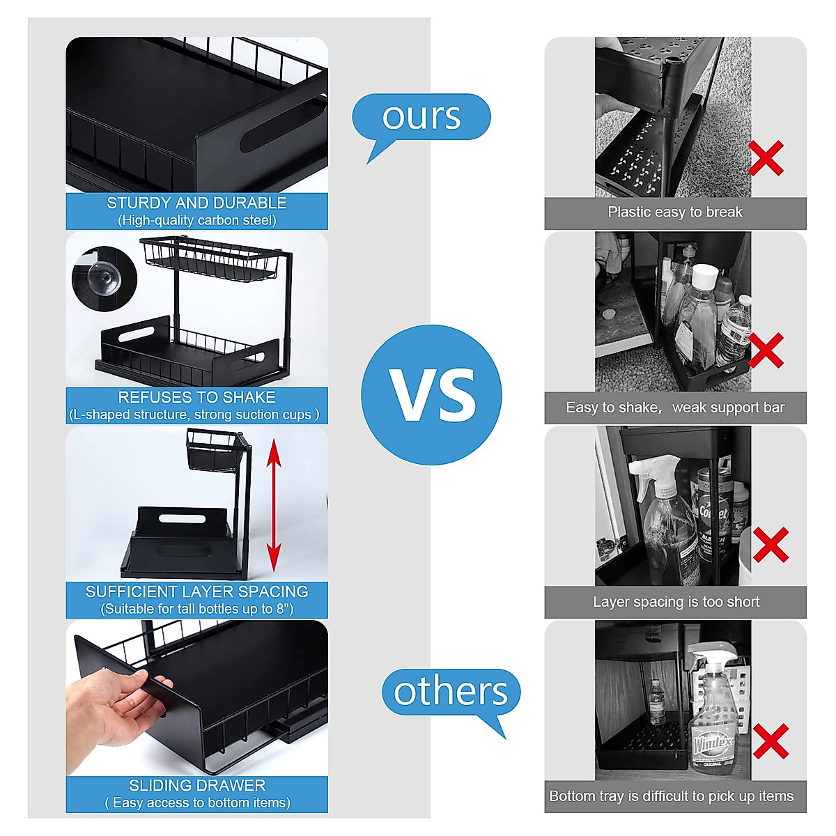 SUTINE Under Sink Organizer, 2 Tier L-Shape Bathroom Organizer Under Sink Organizers and Storage, Sliding Under Cabinet Organizer Storage Shelf for Kitchen Bathroom, Black