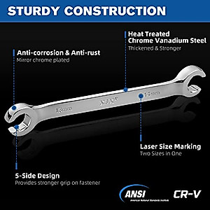 XJX Flare Nut Wrench Set | 11-Piece | SAE & Metric | 1/4"-7/8" and 9-21mm | CR-V Steel | Brake Line Wrenches Set with Rolling Pouch
