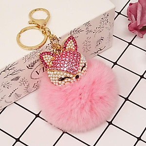 Honbay Faux Rabbit Fur Fluffy Keychain Fashion Fox Head Alloy Keychain Sparkly Rhinestone Handbag Backpack Car Keychain (Pink)