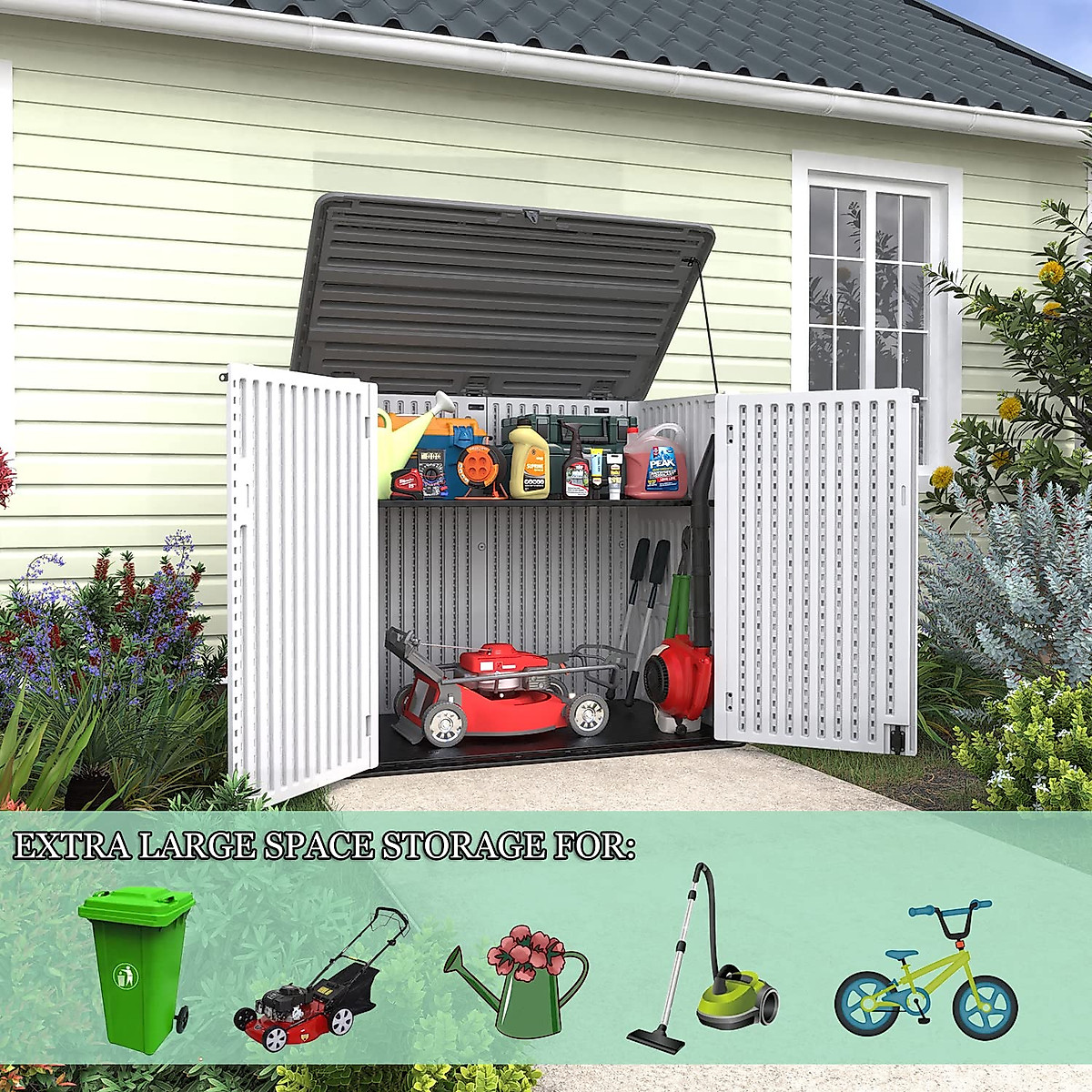 ADDOK 2SG Larger Horizontal Storage Shed Wood-Like, 4.4 x 2.8 ft Outdoor Storage Cabinet Lockable, Thick Resin Storage Unit for Trash Cans, Yard Tools（Large Begie White/37 Cu. ft