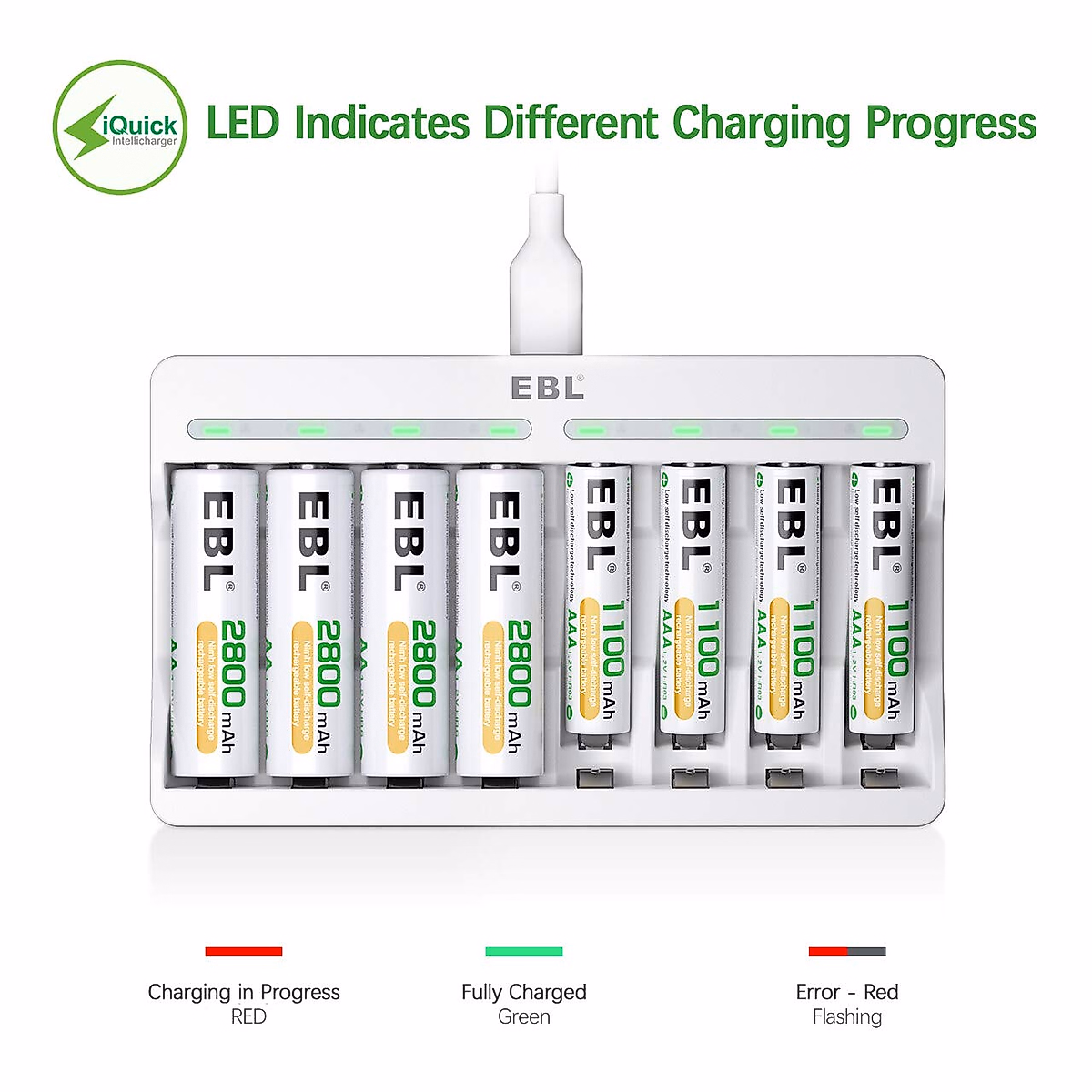 EBL Rechargeable AA Batteries 2800mAh 8 Pack and 8-Bay AA AAA Individual Rechargeable Battery Charger with 5V 2A USB Fast Charging Function
