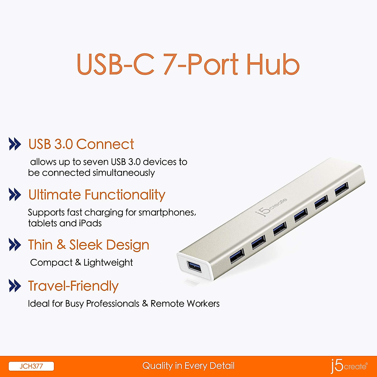 j5create USB Type-C to 7-Port USB 3.0 Data Hub with 3 ft Extended Cale [20W Power Adapter Included] for Mac, MacBook, Windows, Laptop, Surface, XPS, Chromebook, PC (JCH377)