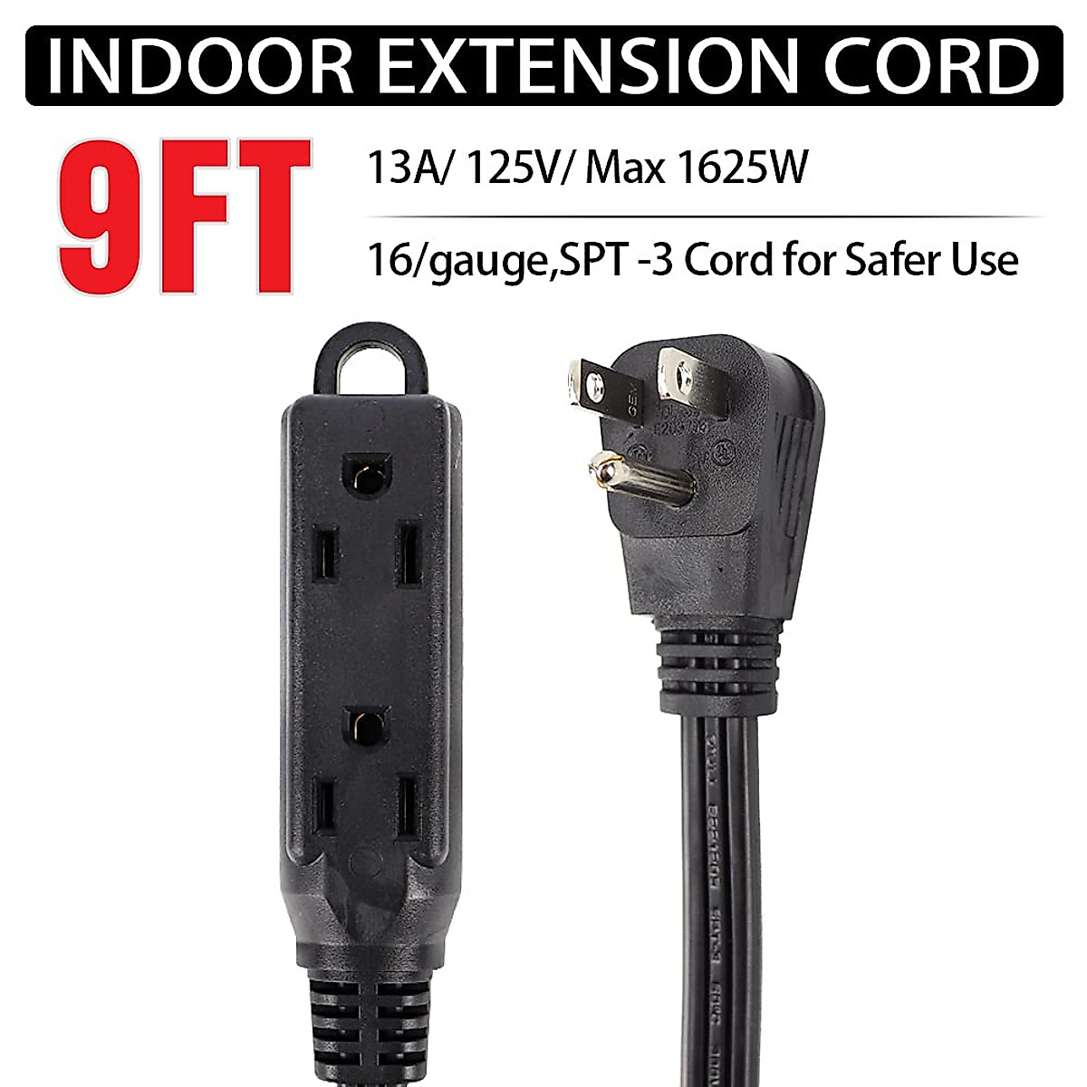 EP 9 Ft 3 Outlet Extension Cord with Flat Plug, 3 Prong Grounded, 16/3 SPT-3 Power Cable for Indoor Use, Black, 2 Pack