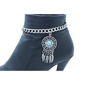 TFJ Women Western Fashion Jewelry Boot Bracelet Silver Metal Chain Shoe Native Style Feather Charm Turquoise Blue