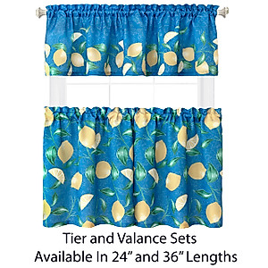 Newbridge Mediterranean Lemon Zest Tier Curtain and Valance Set, Blue/Yellow Provence Lemon Print Tier Set, 36” Long Tier Pair and Valance - 60" x 36" (Set of 2 Tiers & Valance)