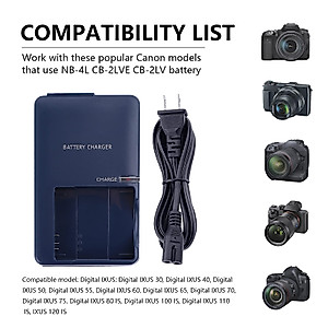 CB-2LVE Charger for Canon NB-4L Battery: Compatible CB-2LV Canon Powershot SD30 SD40 SD200 SD300 SD400 SD430 SD450 SD600 SD630 SD750 TX1 ELPH 100 HS IXUS 30 40 50 55 60 65 70 75 80 100 110 120 130 230