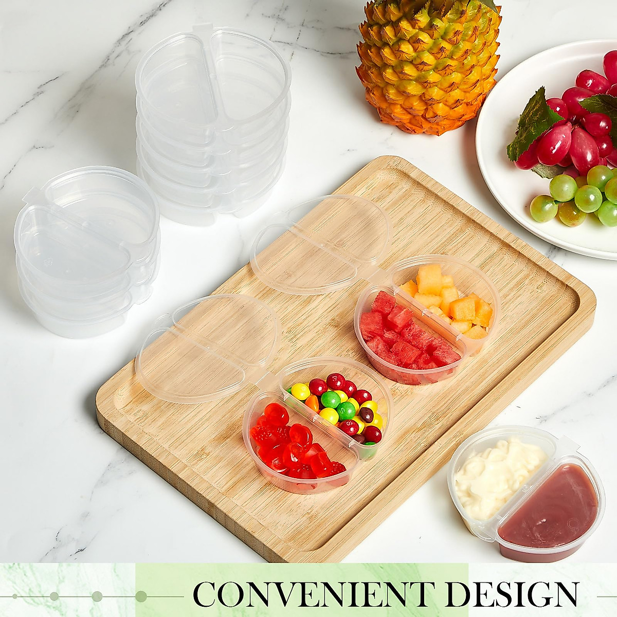 Blushtier 100 Pcs 4 oz Snack Containers Clear Disposable 2 Compartment Snack Containers, Double Compartment Condiment with Lid, Plastic Condiment for Sauce, Candy, Salad Dressing, Travel