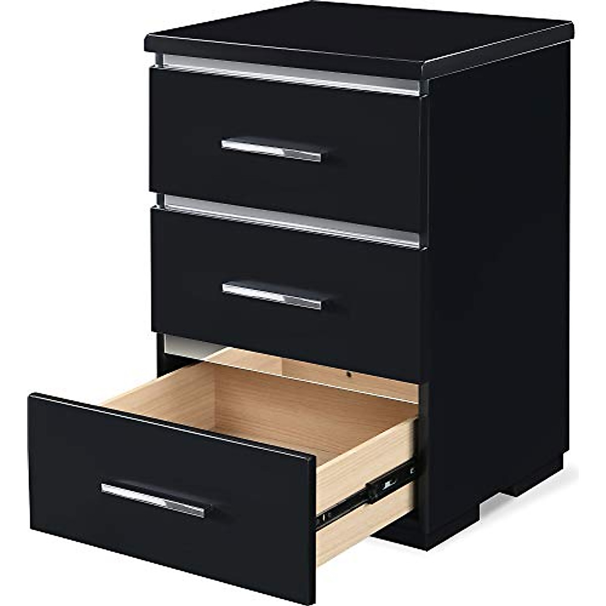 Finch Belmont Fully Assembled Nightstand Modern Mirrored Accent, Bedside End Table with Silver Handles, 3-Drawer, Black
