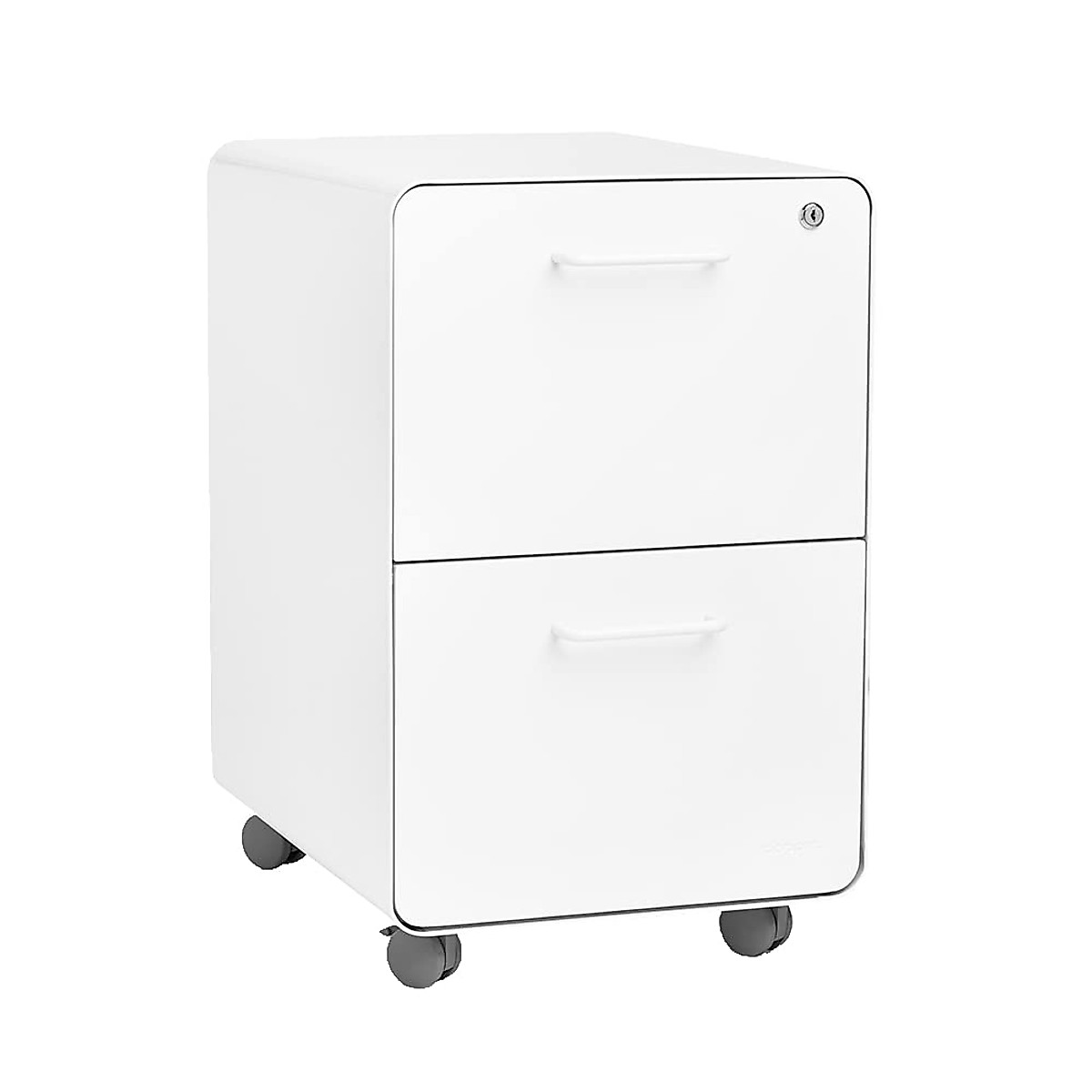 Poppin Stow 2-Drawer File Cabinet - White. Powder-Coated Steel. Legal/Letter Sized Drawers. Two Locking and Two Non-Locking Wheels. Two Keys Included. 1 Lock for Both Drawers