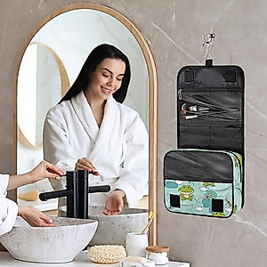POFATO Frog Dragonfly Lotus Leaf Travel Toiletry Bag Cosmetic Makeup Bag for Women Men Hanging Hook Wash Toiletries Portable Toiletry Bags Organizer