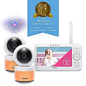 VTech [Upgraded] VM5463-2 Video Baby Monitor 5" LCD with 2 Cameras, Battery 12 Hrs, Pan Tilt Zoom, Color Night Light, Glow On The Ceiling Projection, Two-Way Talk