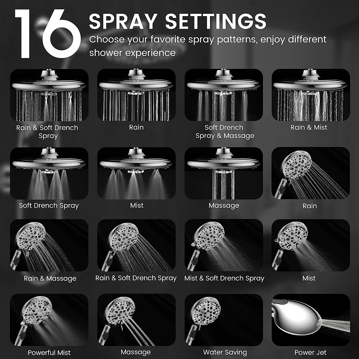 FEELSO 10" High Pressure Shower Head Combo with Handheld Spray, 16 Settings, 11" Adjustable Arm, ON/OFF Pause Switch