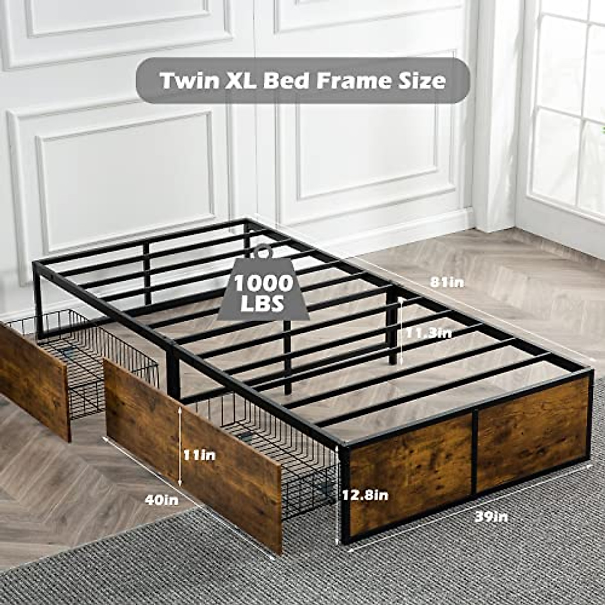 GAZHOME Twin XL Bed Frame with 2 XL Storage Drawers, Metal Platform Bed Frame with Footboard, 9 Strong Metal Slat Support/No Box Spring Needed/Easy Assembly/Space Saving
