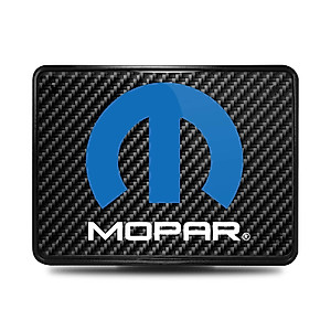 iPick Image, Compatible with - Mopar Logo UV Graphic Carbon Fiber Look Metal Face-Plate on ABS Plastic 2 Tow Hitch Cover