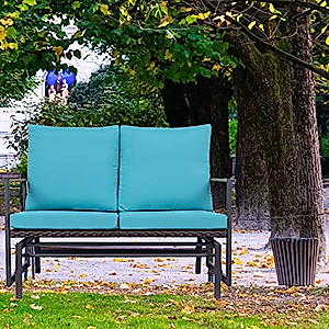 HARBOURSIDE Patio 2 Person Glider Bench with Turquoise Cushion, Ourdoor Rocking Loveseat Couch Rattan & Steel Frame Outside Furniture for Garden Porch Yard