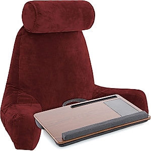 Husband Pillow Combo - Backrest Pillow with Arms : XXL Maroon & Foldable Laptop Tray : Brown - Memory Foam Reading Pillows for Bed w/Removable Neck Roll & Laptop Bed Tray Table