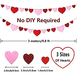 Felt Heart Garland Banner, 5 Sets Heart Valentines Day Decor, DIY Valentines Home Decorations, Anniversary, Wedding, Birthday Party Supplies - Red, Rose Red and Light Pink