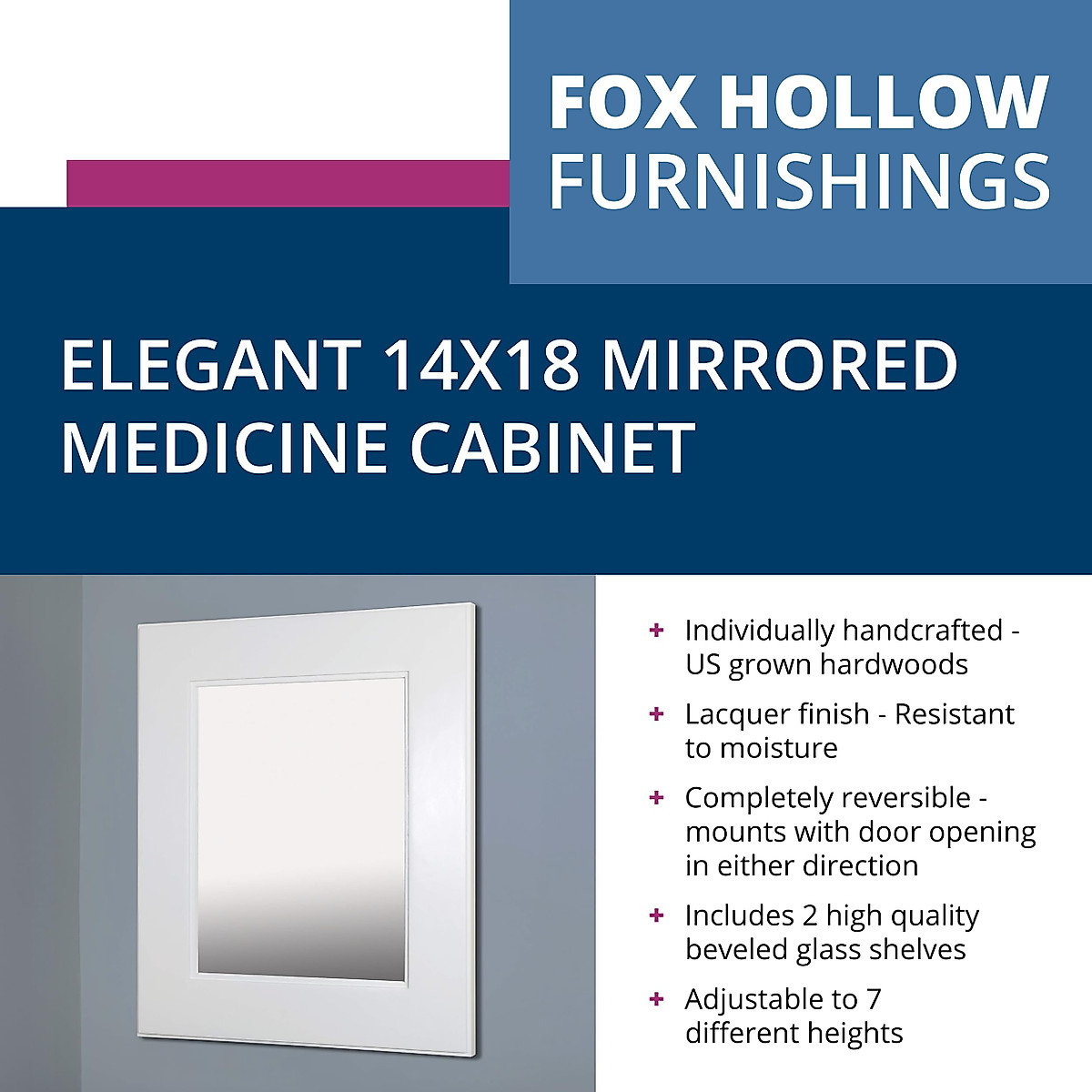 Fox Hollow Furnishings 14x18 Mirrored Medicine Cabinet - Concealed Wall Storage and Recessed Medicine Cabinet with Mirror, 2 Adjustable Shelves (Shaker White)