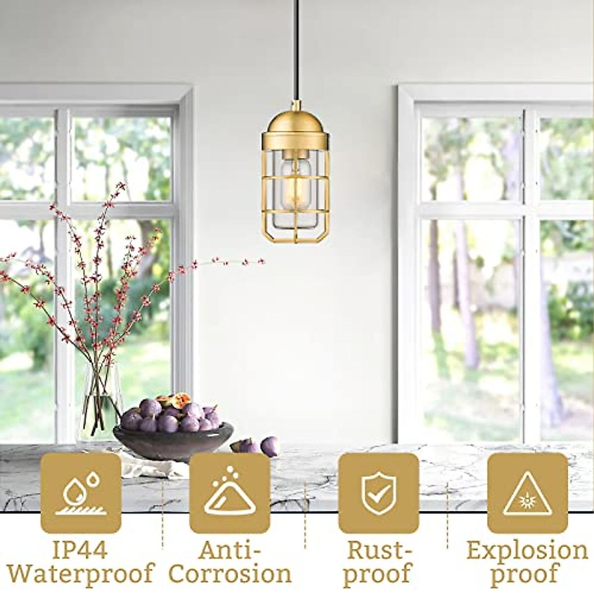 Emliviar Modern Gold Pendant Light with Metal Cage, Mini Ceiling Hanging Light with Clear Tempered Glass for Kitchen Dining Room, Gold Finish, GE255P BG