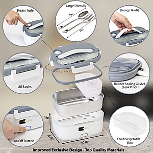 FORABEST Electric Lunch Box Food Heater Upgraded 60W Leakproof 2-in-1 Portable Food Warmer Lunch Box for Car & Home with Power on Button, Removable Container, Large Fork, Spoon