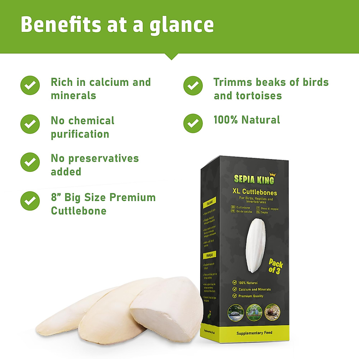 Sepia King - Extra Large - 100% Natural Calcium Supplement - Premium Cuttlebone perfect for Birds, Tortoises, Snails, Reptiles - Pack of 3