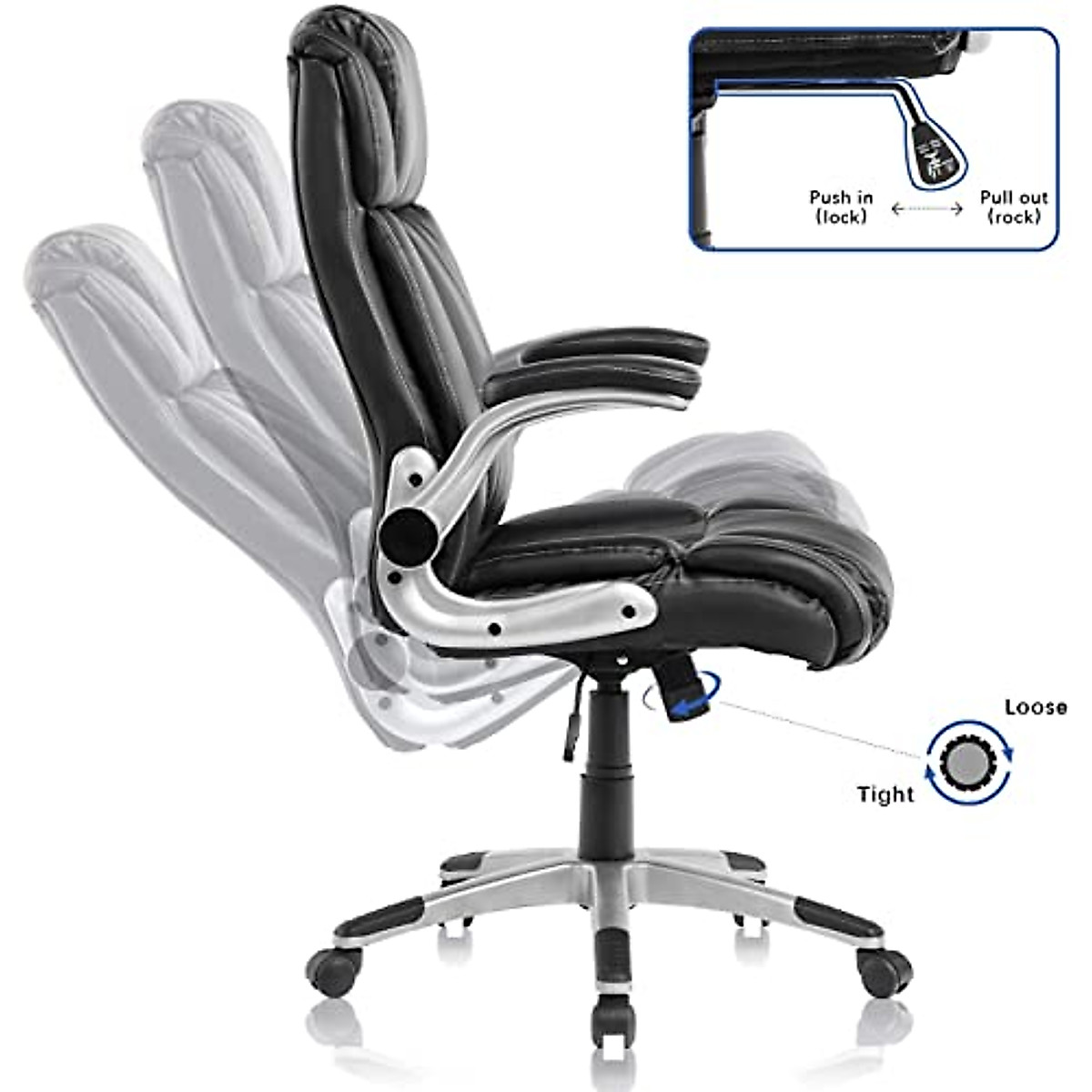KCREAM Executive Office Chair PU Leather with Flip-up Arms, Desk Chair Swivel Task Chair with Lumbar Support, Adjustable Height/Tilt, 360-Degree Swivel, 300Lb Weight Capacity