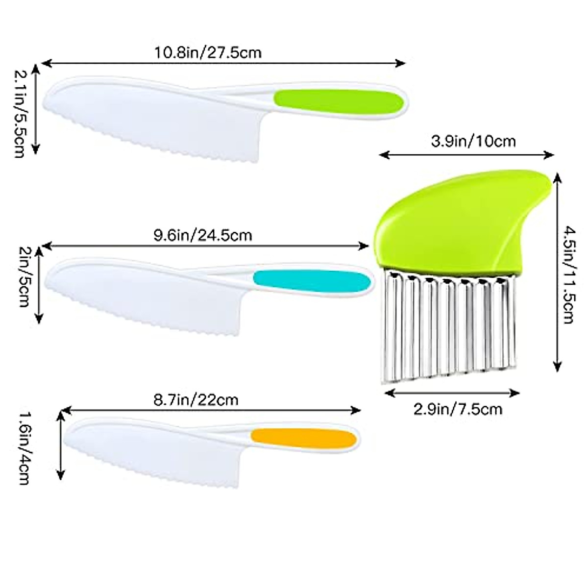 JIANYI Kids Knife Set, Kitchen Baking Knife Set with Crinkle Cutter, Serrated Edges Plastic Toddler Knife Kids Safe Knives for Real Cooking & Cutting Fruit, Bread, Lettuce - Set of 4