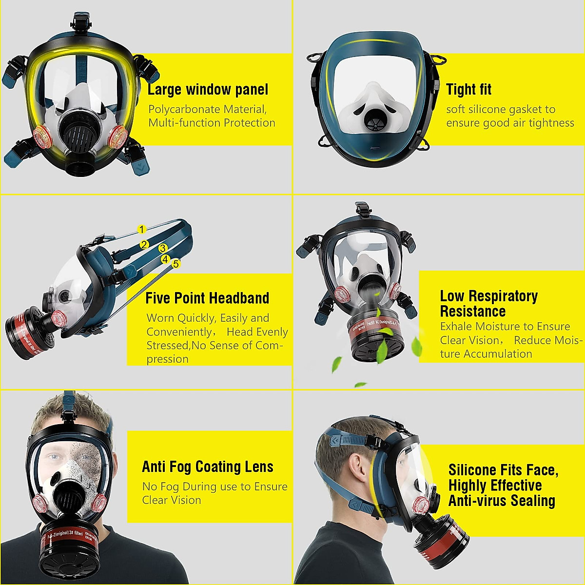 Gas Mask, Full Face Respirator Mask with 40mm Carbon Activated Charcoal Filter Canister - Reusable Large Survival and Chemical Masks for Welding, Vapors, Industrial, Painting, Spray, Polishing