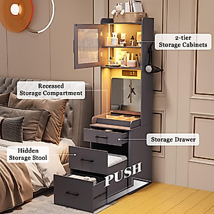 WOOVIVS Small Vanity Desk with Plip-up Mirror and Lights, Makeup Vanity Dresser with Charging Station, LED Vanities Dressing Table Set with Drawers&Stool for Bedroom，Checkroom (Grey,1PCS)