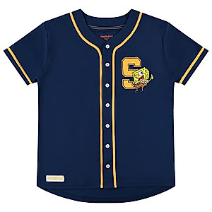 Mens Spongebob Squarepants Baseball Jersey - Spongebob, Patrick, Squidward & Mr Krab - Mesh Button Down Baseball Jersey (Navy, X-Large)