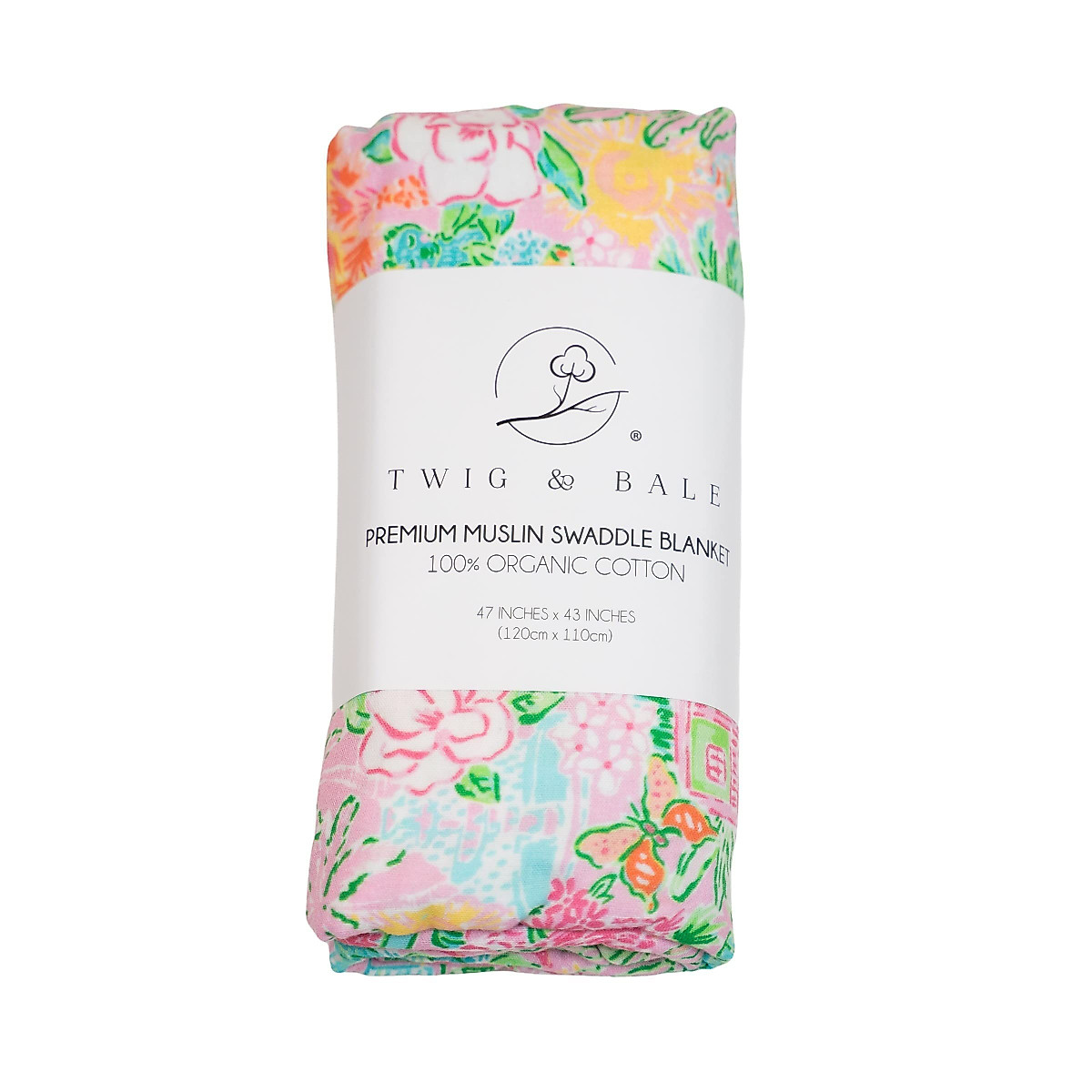 TWIG & BALE Colorful Pink Baby Blanket - 47" x 43" - Organic Cotton Muslin - Southern Preppy Charleston with Row Houses, Dolphin, Alligator, Birds, Floral Print Girl Baby Swaddle Blanket