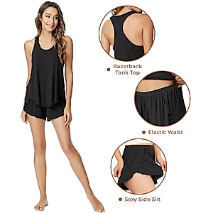 NACHILA Pajamas for Women-Viscose Made from Bamboo,Ribbed Racerback Tank Top and Shorts Pajama Sets Sleeveless Sleep Cami Pj Black S