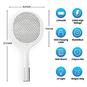 Dailytop Electric Fly Swatter, Rotatable Indoor Bug Zapper Racket, USB-C Rechargeable Mosquito Killer, 3500V High-Voltage Mosquito Zapper with UV Light, Standing Base, and Wall Mount