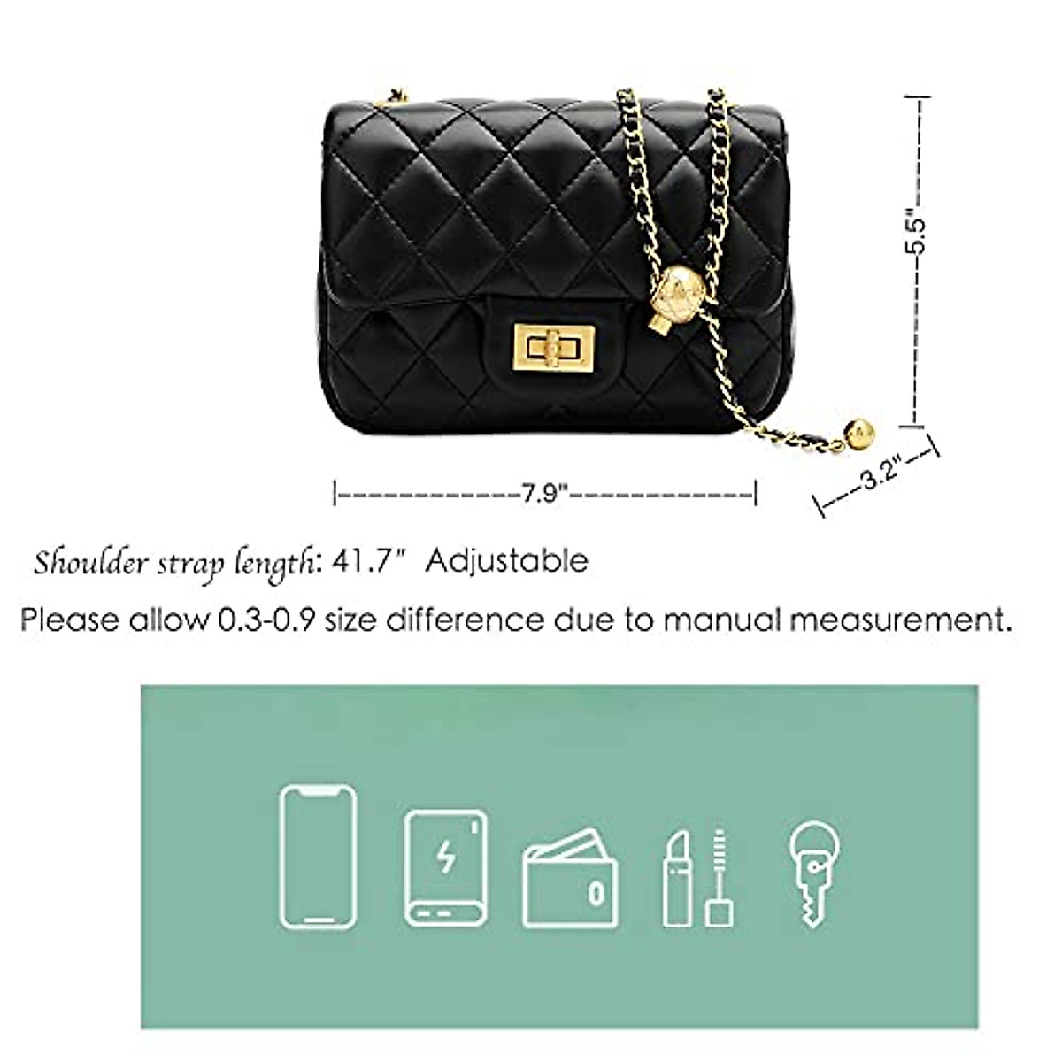 Jopchunm Designer Handbags Leather Clutch Small Quilted Purse Black Crossbody Bags for Women