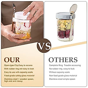 EOUOBOMO Overnight Oats Containers w. Lids and Spoons,Overnight Oats Mason Jars w.Airtight Lids for Milk,Oatmeal Glass Mason Jars w. Measurement Marks for Cereal On The Go Containers,12oz,Set of 4