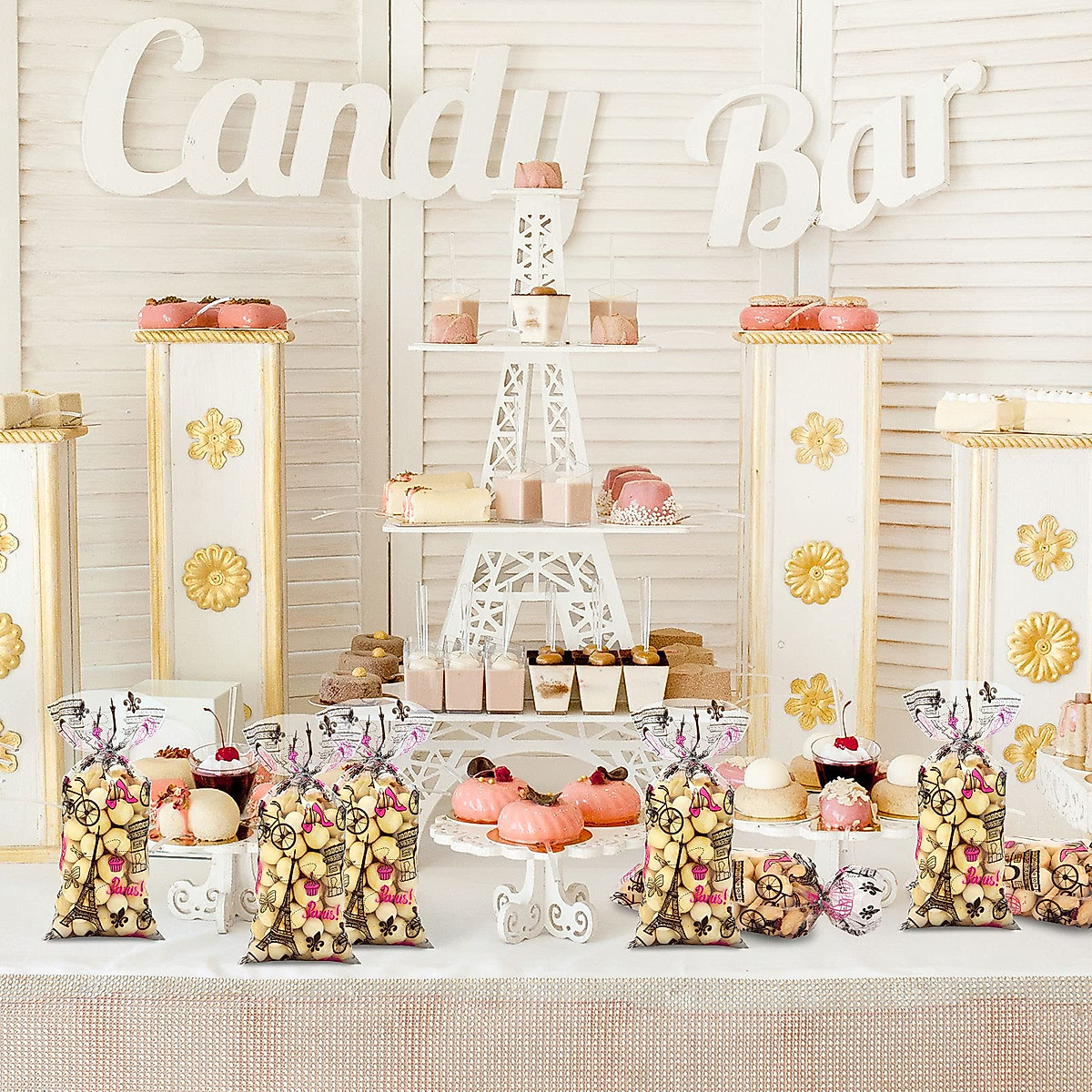 100 Pieces Paris Cellophane Treat Bags, Clear Plastic Pink Eiffel Tower Candy Goodie Bags with 100 Silver Twist Ties for Day in Paris Party Supplies