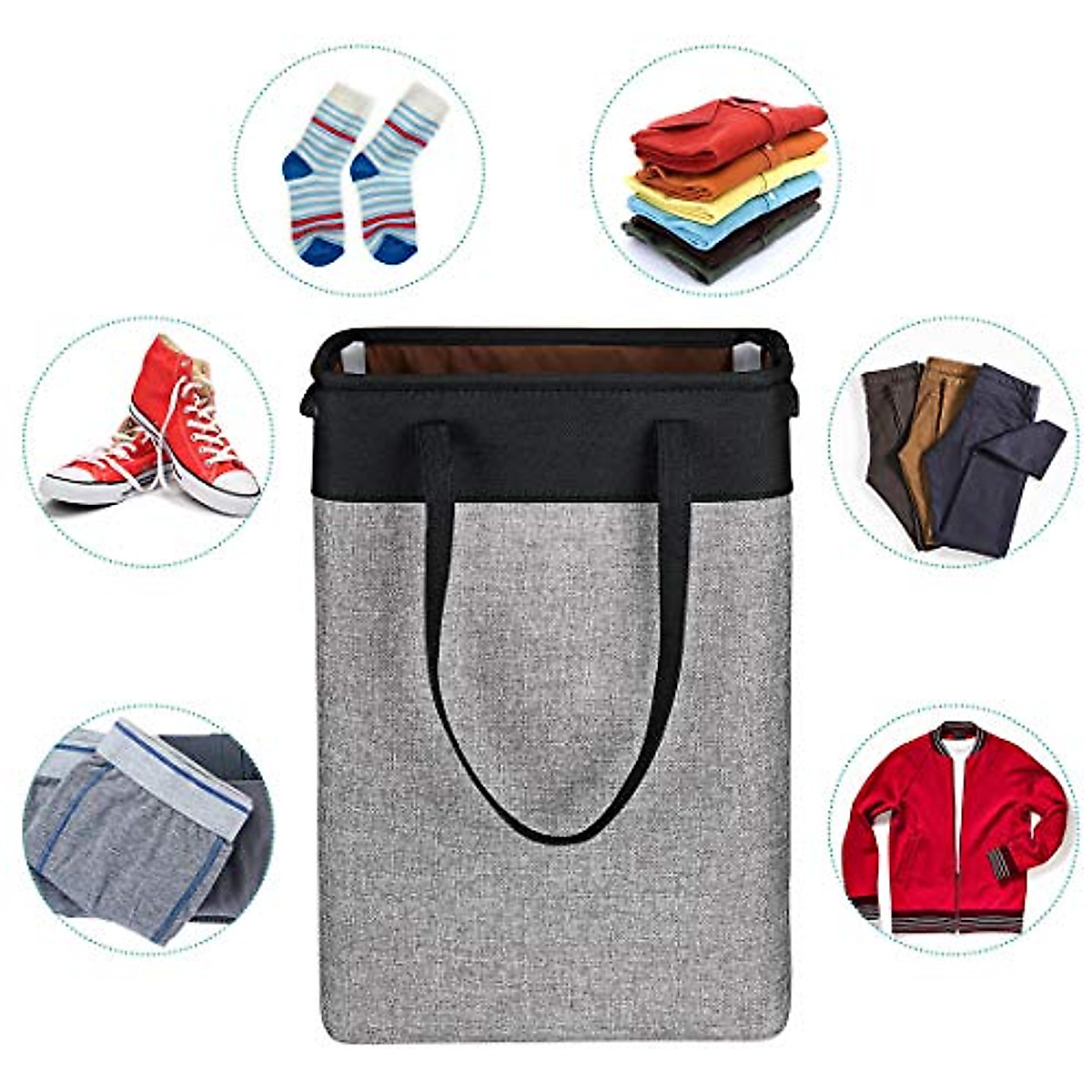 i BKGOO Laundry Basket with Handles Black&Grey-Slim Laundry Bin Collapsible Dirty Clothes Basket Narrow Laundry Bag Foldable Dirty Hamper for Camping, Dorms, Apartments