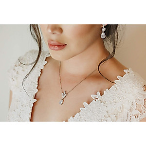 SWEETV Teardrop Wedding Bridal Jewelry Set for Brides Bridesmaid, Silver Crystal Pendant Necklace Drop Dangle Earrings Set for Women