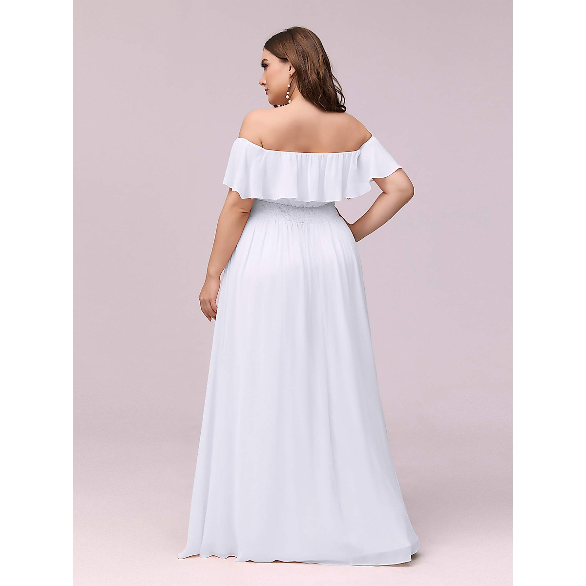 Ever-Pretty Women's Off Shoulder Ruffle Sleeves Side Split Chiffon Plus Size Semi Formal Dresses for Women White US24