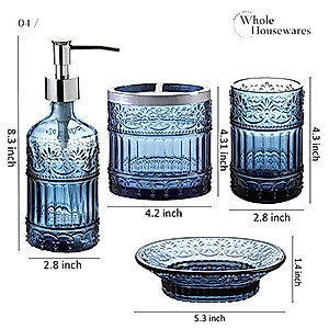 WHOLE HOUSEWARES | Premium Bathroom Accessory Set | 4-Piece Decorative Blue Glass Bathroom Decor Accessories Set | Soap Dispenser, Tray, Jar, Toothbrush Holder | Elegant Mosaic Glass (Blue)