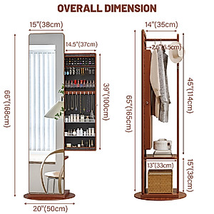LVSOMT 360° Swivel Jewelry Armoire, Rotatable Full Length Mirror with Jewelry Storage, Standing Jewelry Cabinet with Coat Rack, Walnut, Soild Wood