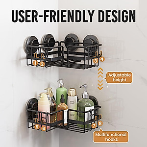 LEVERLOC Angle-adaptive Suction Cup Shower Caddy with Hooks, Heavy Duty Stainless Steel Shower Basket Organizer for Bathroom, Drill-Free Removable Rustproof Shower Rack, Black, 2 Pack