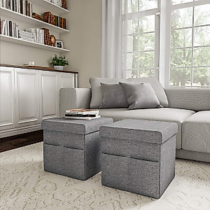 Lavish Home Set of 2 Cube Ottoman with Pockets 15-Inch Folding Foot Rests or Storage Organizers for Bedroom, Living Room, or Dorm, Charcoal Gray